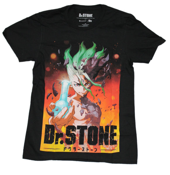 Dr. Stone Mens T-Shirt - Senku Holding Beaker Over Logo