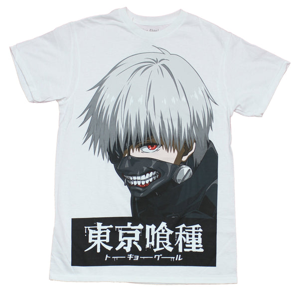 Tokyo Ghoul Mens T-Shirt - Giant Ghoul Face Over Kanji Image